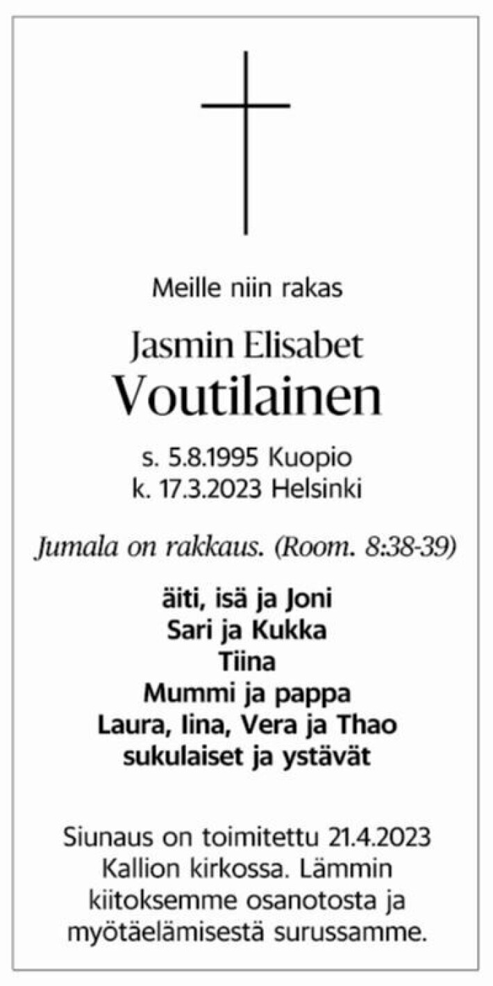 Jasmin Voutilaisen kuolinilmoitus julkaistiin Helsingin Sanomissa
